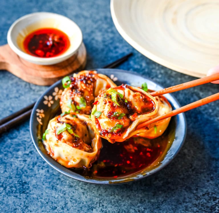 Spicy Wonton Dumplings with Spicy Chili Sauce – Modern Honey